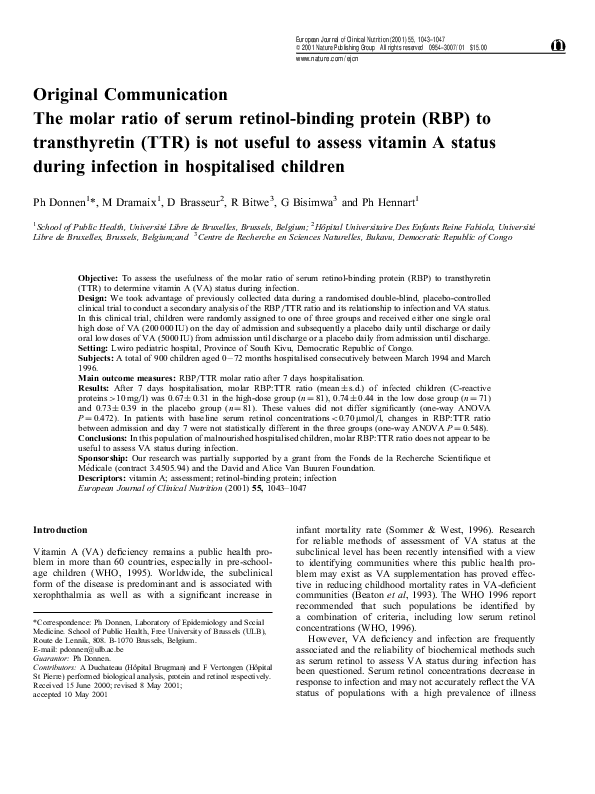 (PDF) The molar ratio of serum retinol-binding protein (RBP) to ...