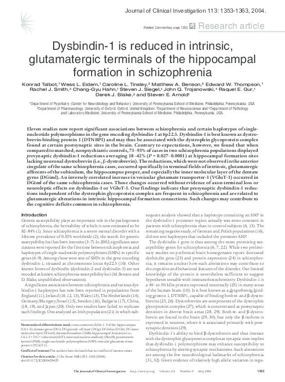 (PDF) Dysbindin-1 is reduced in intrinsic, glutamatergic terminals of ...