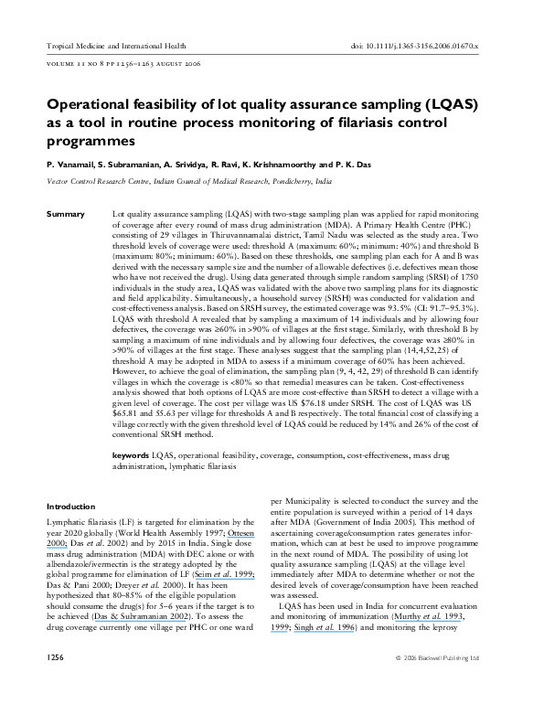 (PDF) Operational feasibility of lot quality assurance sampling (LQAS ...