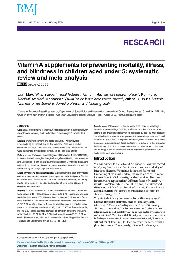 (PDF) Vitamin A supplements for preventing mortality, illness, and ...