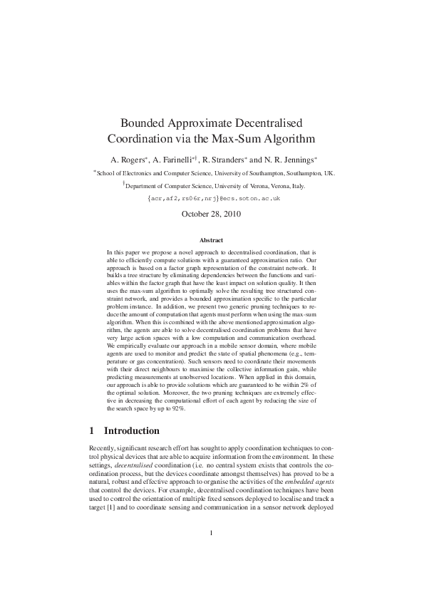 Pdf Bounded Approximate Decentralised Coordination Via The Max Sum Algorithm