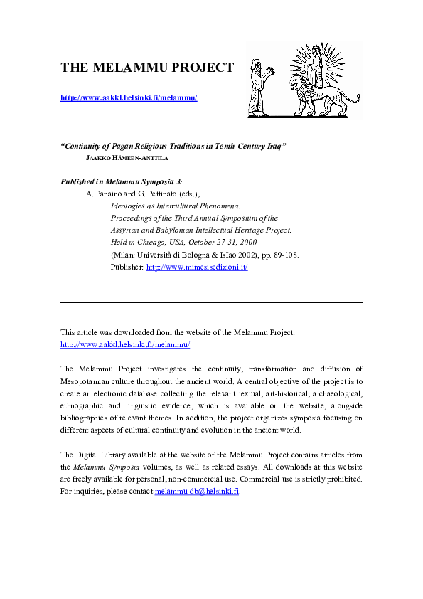 THE MELAMMU PROJECT " Continuity of Pagan Religious Traditions in Tenth ...