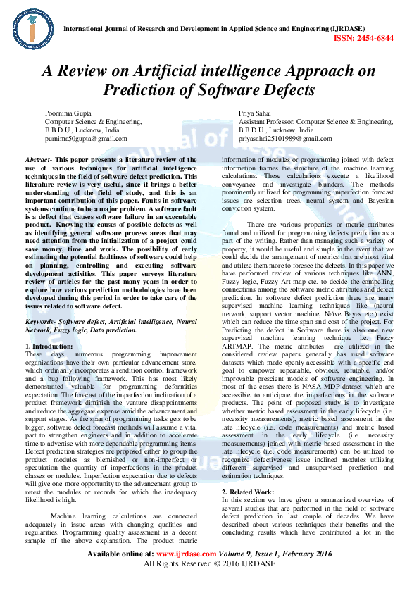 (PDF) A Review on Artificial intelligence Approach on Prediction of Software Defects