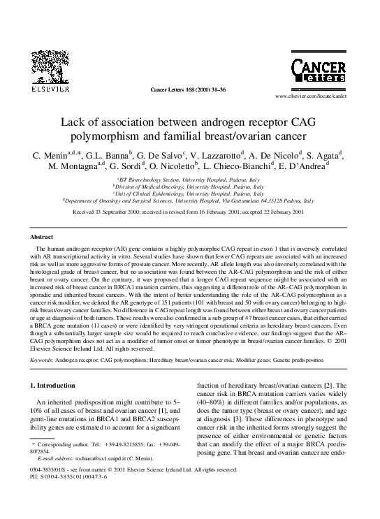 (PDF) Lack of association between androgen receptor CAG polymorphism and familial breast/ovarian ...