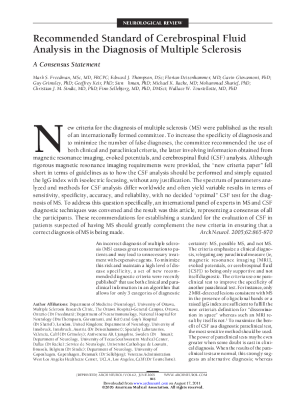 (PDF) Recommended Standard of Cerebrospinal Fluid Analysis in the Diagnosis of Multiple Sclerosis