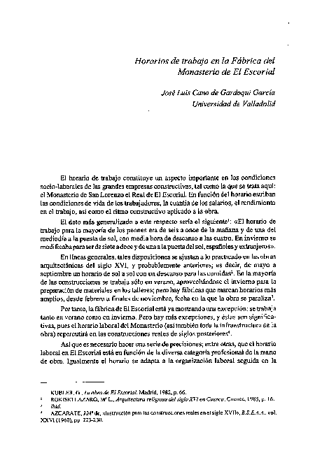 Horarios de trabajo en la fábrica del Monasterio de El Escorial | José Luis Cano de Gardoqui ...
