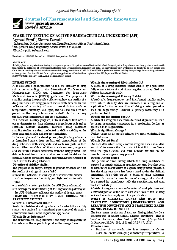 (PDF) STABILITY TESTING OF ACTIVE PHARMACEUTICAL INGREDIENT [API