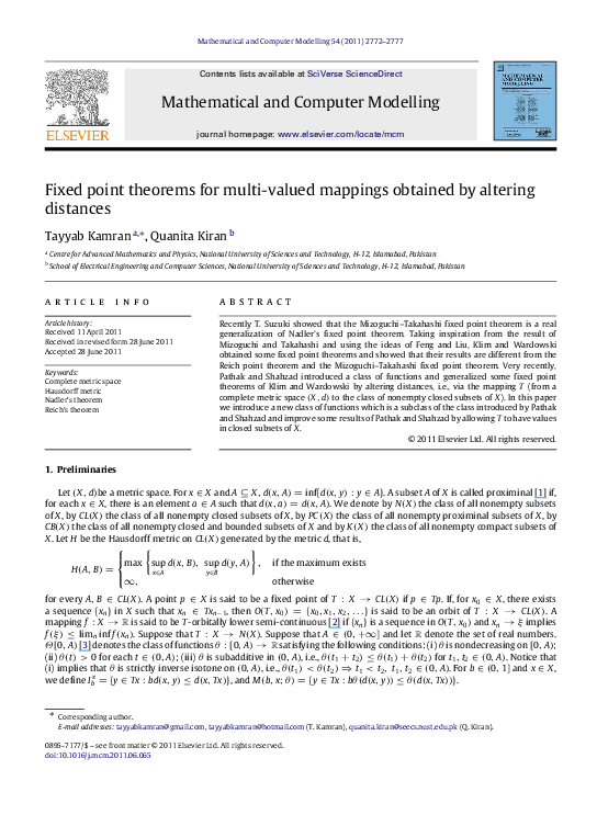 (PDF) Fixed point theorems for multi-valued mappings obtained by altering distances