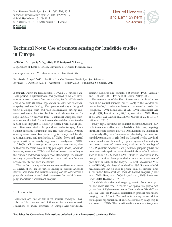 (PDF) Technical Note: Use of remote sensing for landslide studies in Europe