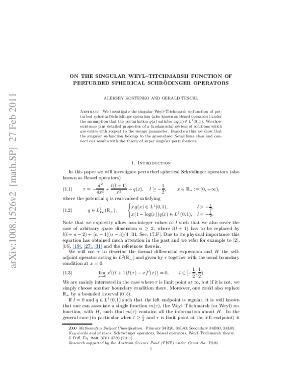 (PDF) On the singular Weyl–Titchmarsh function of perturbed spherical Schrödinger operators