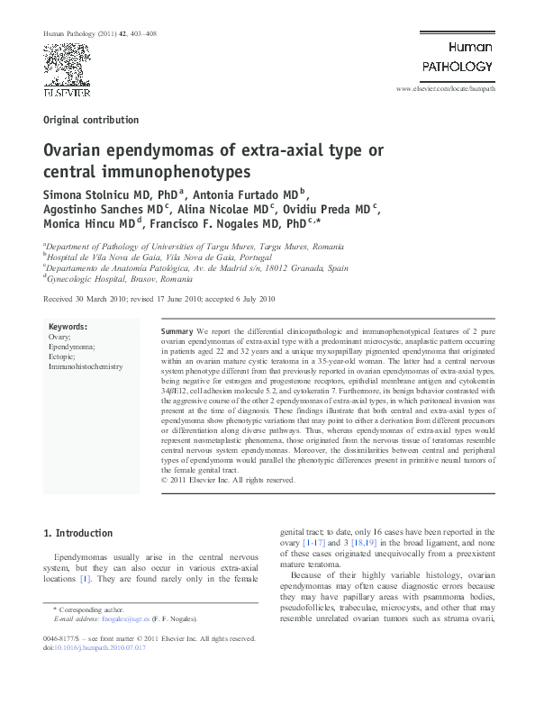 (PDF) Ovarian ependymomas of extra-axial type or central immunophenotypes