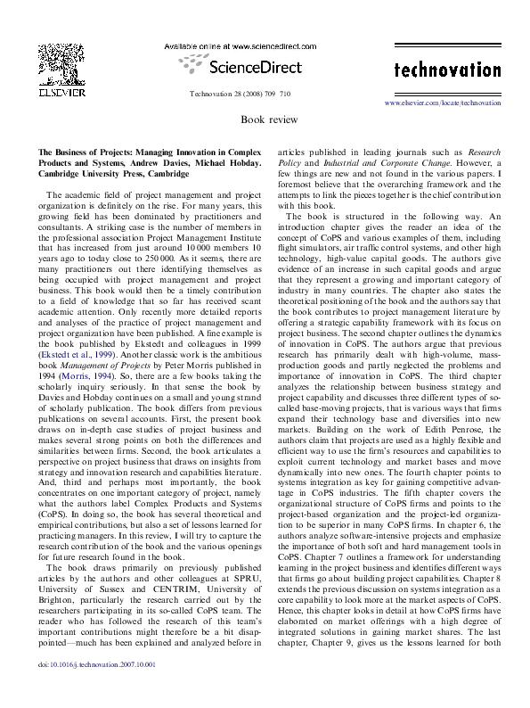 (PDF) The Business of Projects: Managing Innovation in Complex Products ...