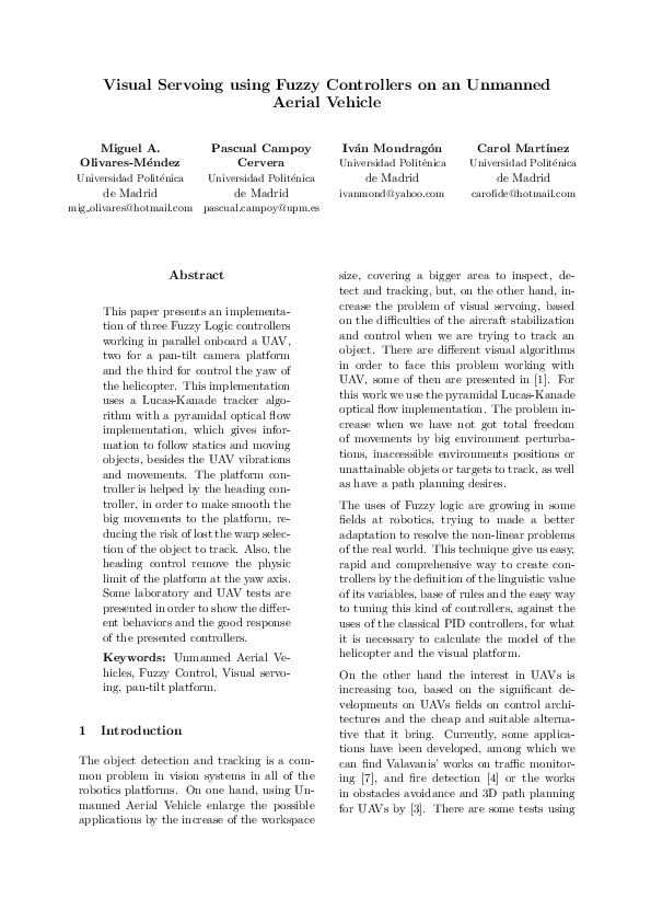 (PDF) Visual servoing using fuzzy controllers on an unmanned aerial vehicle