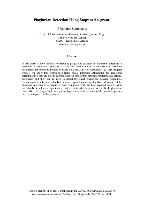 (PDF) Plagiarism detection using stopword n-grams
