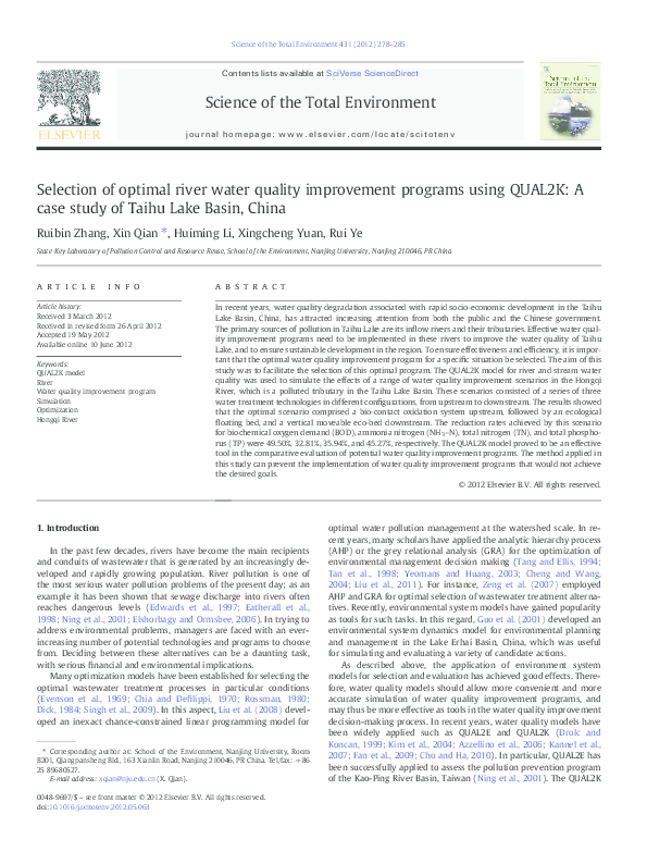 (PDF) Selection of optimal river water quality improvement programs ...