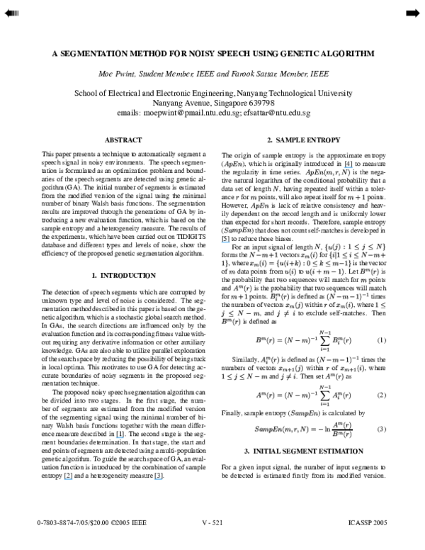 (PDF) A Segmentation Method for Noisy Speech Using Genetic Algorithm