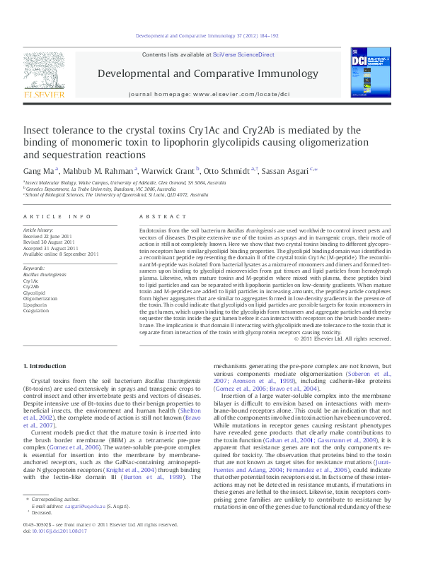(PDF) Insect tolerance to the crystal toxins Cry1Ac and Cry2Ab is ...