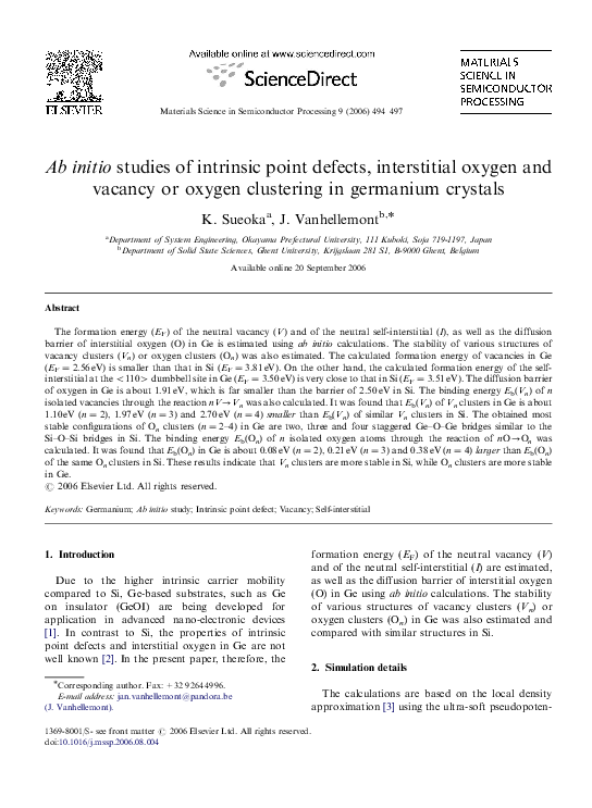 (PDF) Ab initio studies of intrinsic point defects, interstitial oxygen and vacancy or oxygen ...