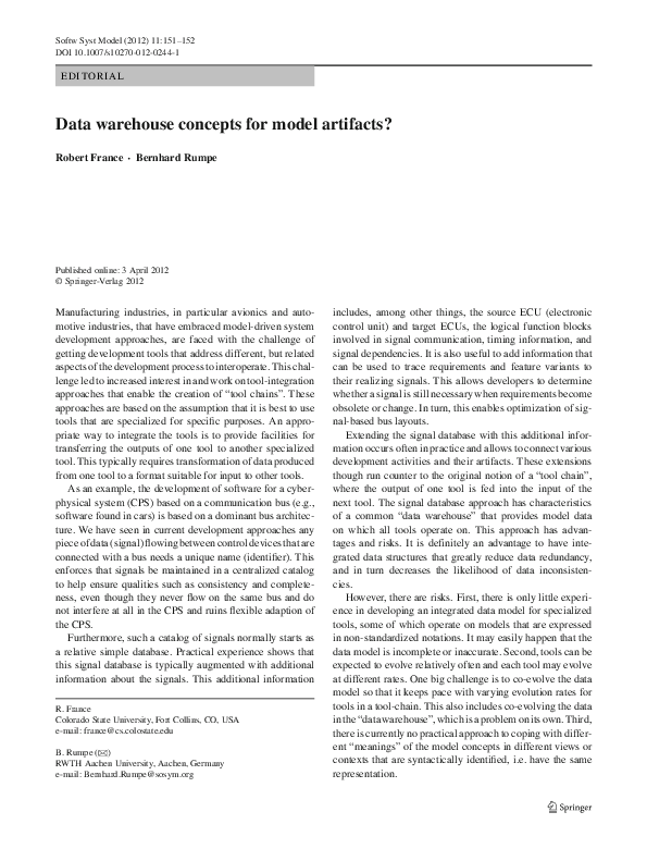 (PDF) Data warehouse concepts for model artifacts?