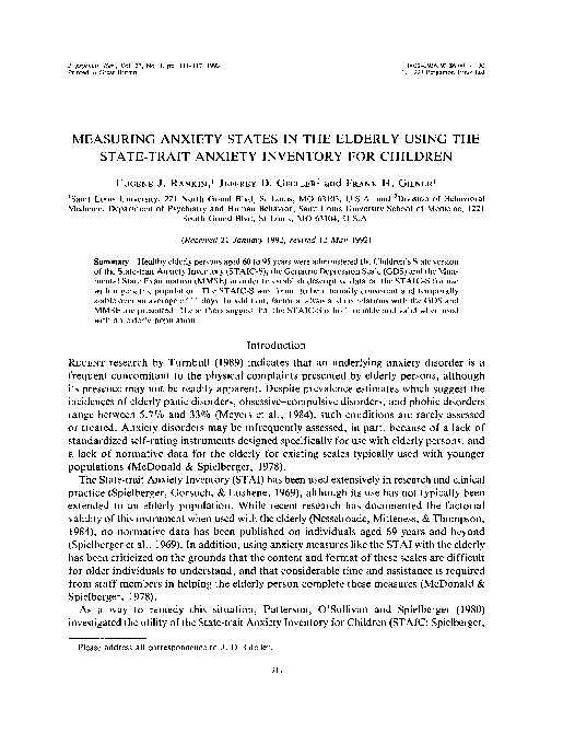 (PDF) Measuring anxiety states in the elderly using the state-trait ...