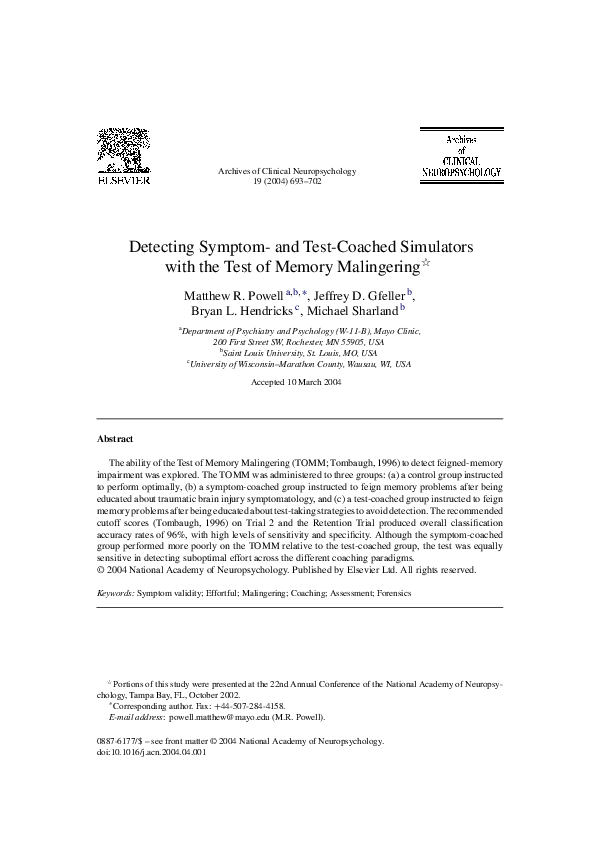 (PDF) Detecting Symptom- and Test-Coached Simulators with the Test of ...