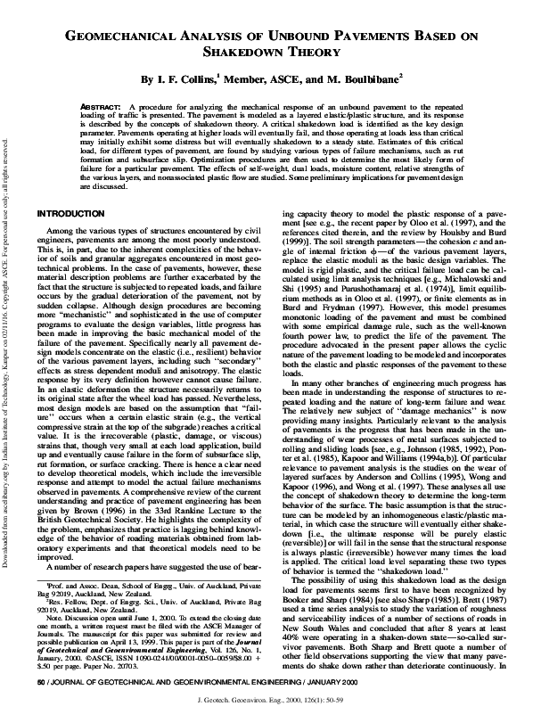 GEOMECHANICAL ANALYSIS OF UNBOUND PAVEMENTS BASED ON SHAKEDOWN THEORY