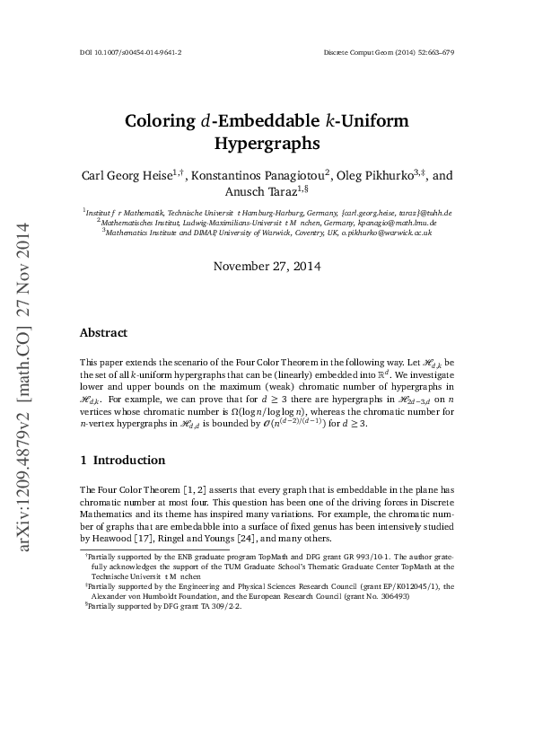 (PDF) Coloring d-Embeddable k-Uniform Hypergraphs