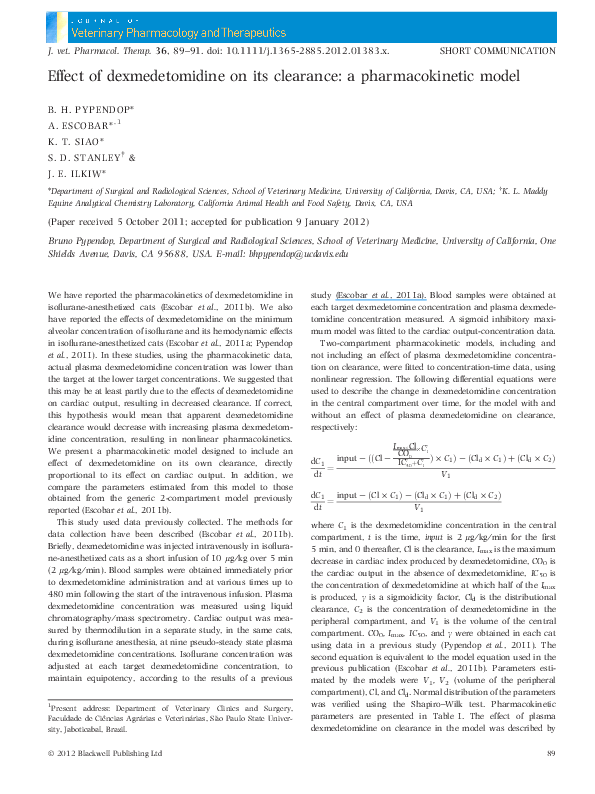 (PDF) Effect of dexmedetomidine on its clearance: a pharmacokinetic model