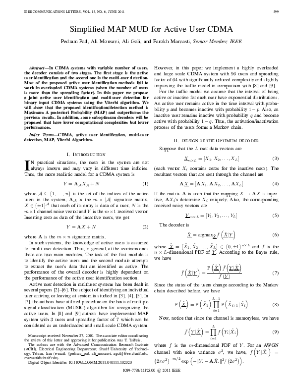 (PDF) Simplified MAP-MUD for Active User CDMA