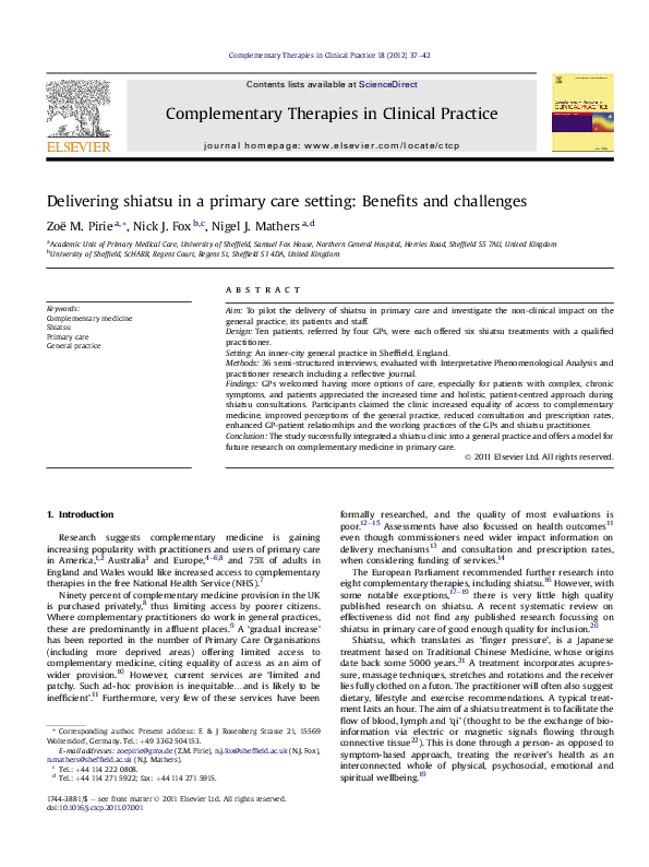 (PDF) Delivering shiatsu in a primary care setting: Benefits and challenges