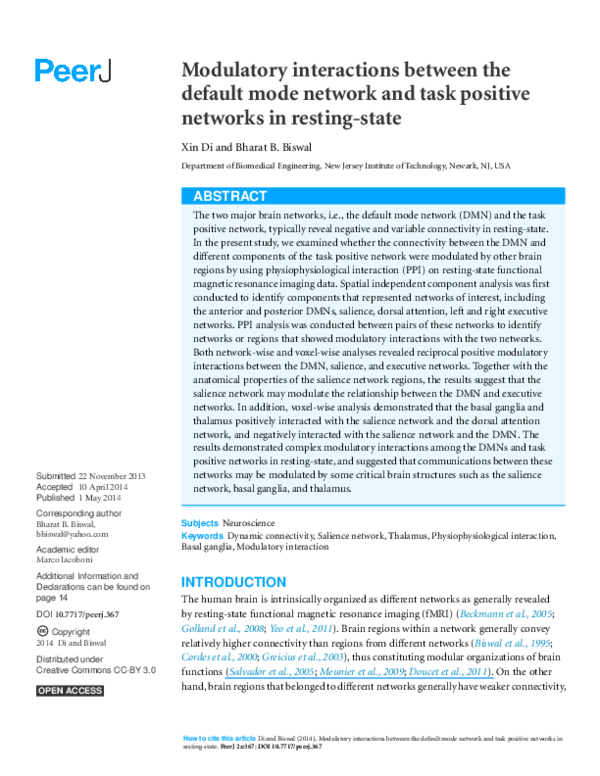 Pdf Modulatory Interactions Between The Default Mode Network And Task