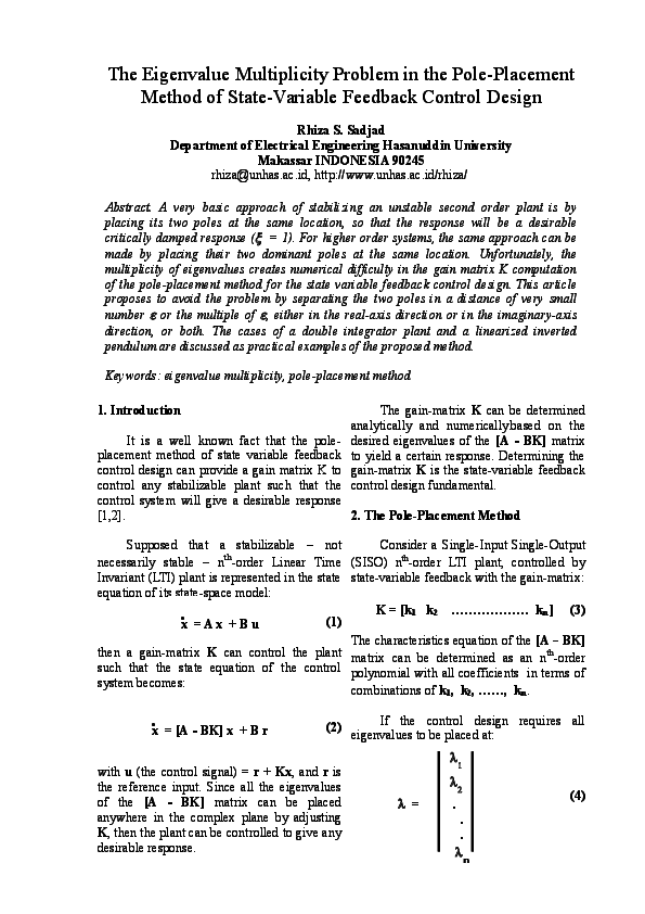 (PDF) The Eigenvalue Multiplicity Problem in the Pole-Placement Method of State-Variable ...