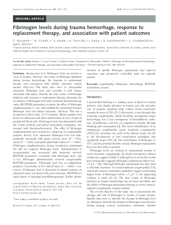 (PDF) Fibrinogen levels during trauma hemorrhage, response to ...