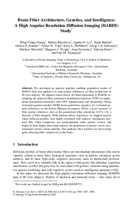 Pdf Brain Fiber Architecture Genetics And Intelligence A High Angular Resolution Diffusion