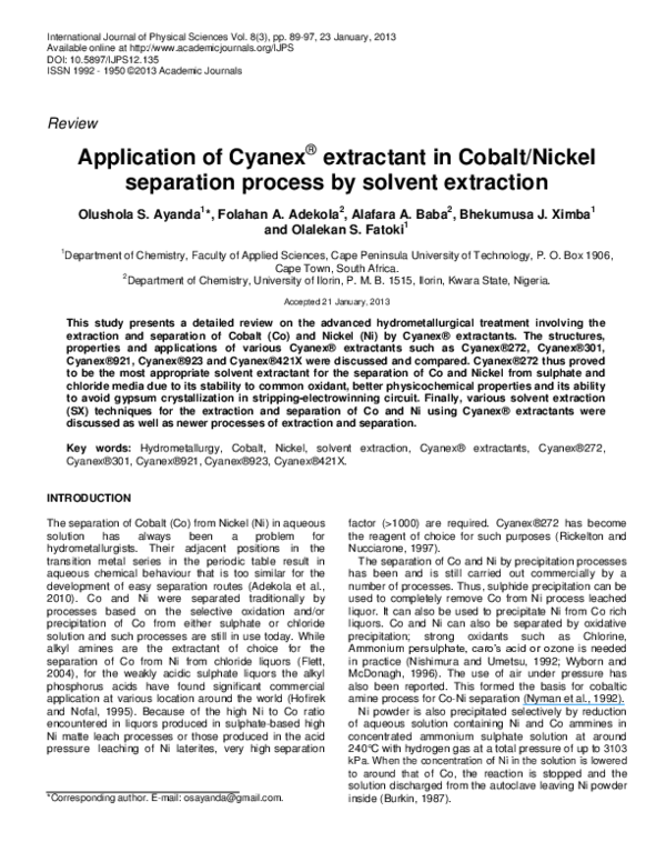 Pdf Application Of Cyanex® Extractant In Cobalt Nickel Separation