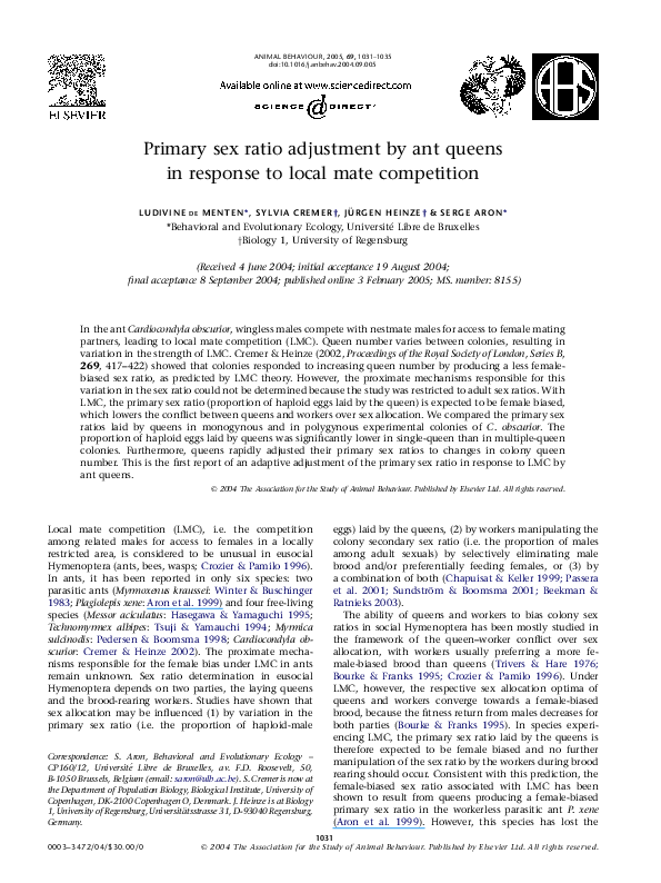 (PDF) Primary sex ratio adjustment by ant queens in response to local ...