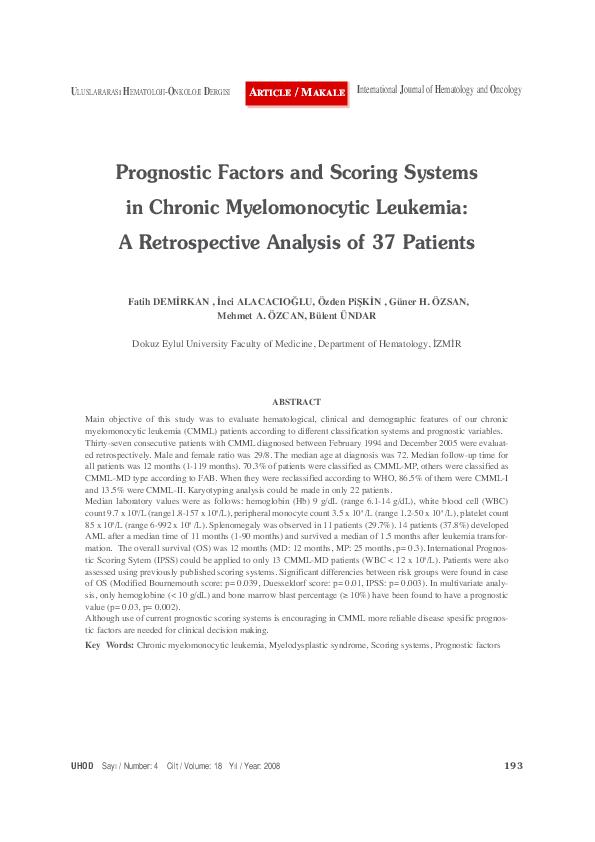 (PDF) Prognostic factors and scoring systems in chronic myelomonocytic leukemia: a retrospective ...