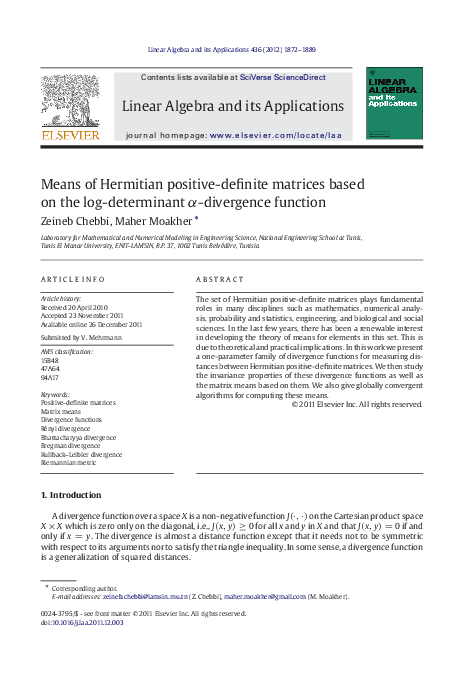 Pdf Means Of Hermitian Positive Definite Matrices Based On The Log