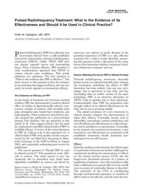 (PDF) Pulsed Radiofrequency Treatment: What Is the Evidence of Its Effectiveness and Should It ...