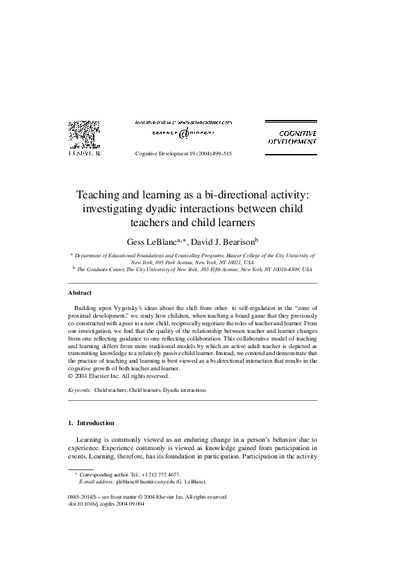 (PDF) Teaching and learning as a bi-directional activity: investigating ...