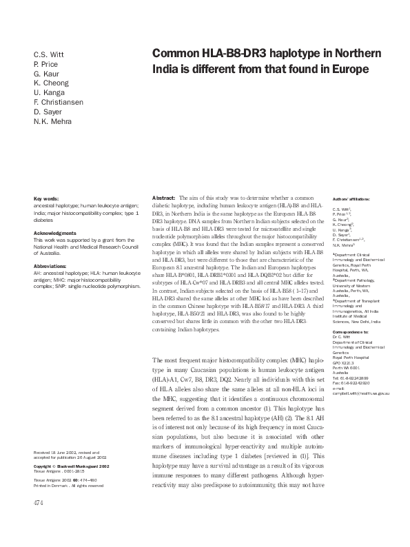 (PDF) Common HLA-B8-DR3 haplotype in Northern India is different from that found in Europe