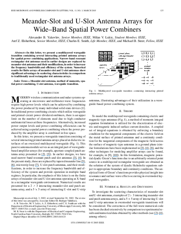 (PDF) Meander-slot and U-slot antenna arrays for wide-band spatial ...
