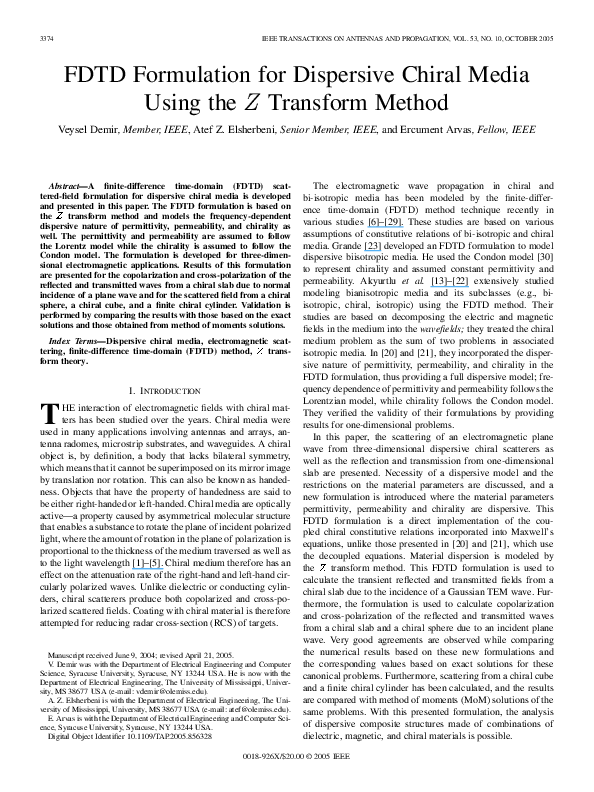 (PDF) FDTD formulation for dispersive chiral media using the Z transform method