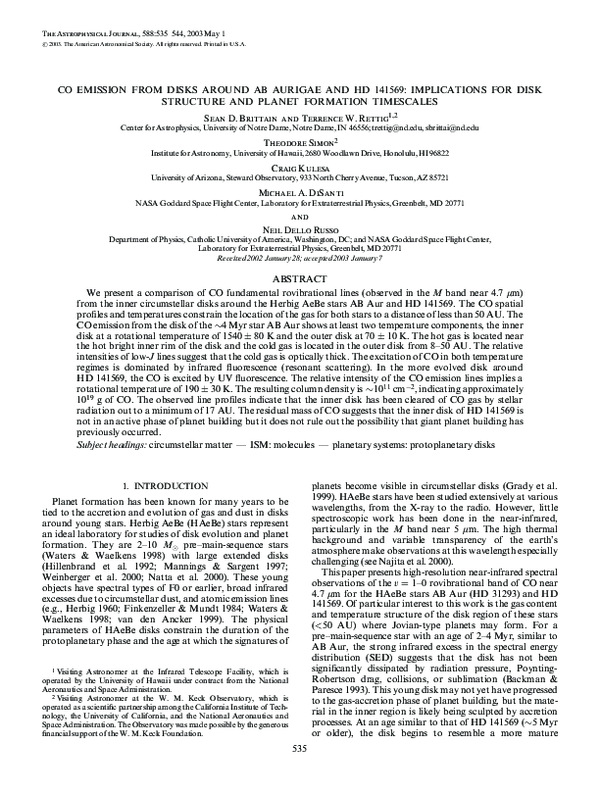 (PDF) CO Emission from Disks around AB Aurigae and HD 141569 ...