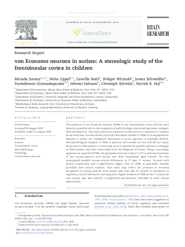(PDF) von Economo neurons in autism: A stereologic study of the ...