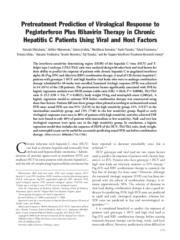 (PDF) Pretreatment prediction of virological response to peginterferon ...