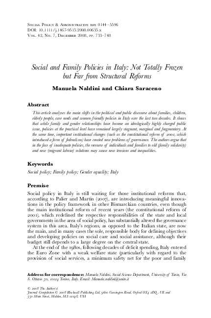 (PDF) Social and Family Policies in Italy: Not Totally Frozen but Far ...