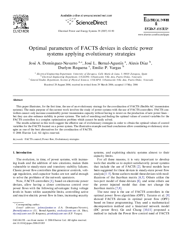 (PDF) Optimal parameters of FACTS devices in electric power systems applying evolutionary strategies