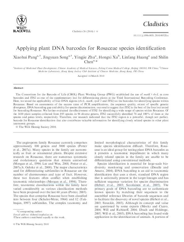 (PDF) Applying plant DNA barcodes for Rosaceae species identification