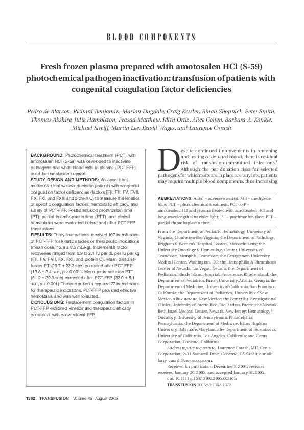 (PDF) Fresh frozen plasma prepared with amotosalen HCl (S-59 ...